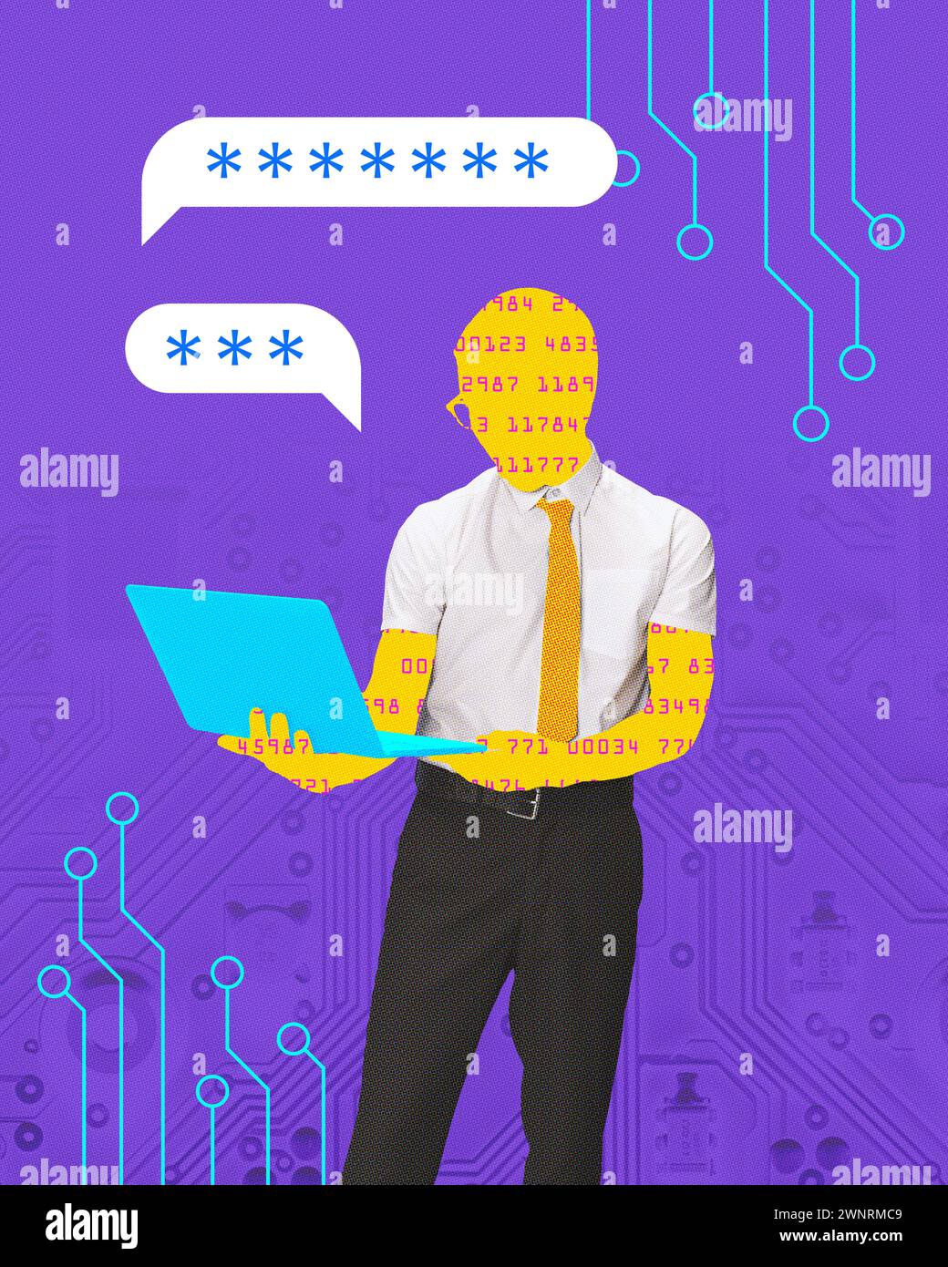 Contemporary art collage. Silhouette with encoding holds laptop with speech bubbles with encoded ...