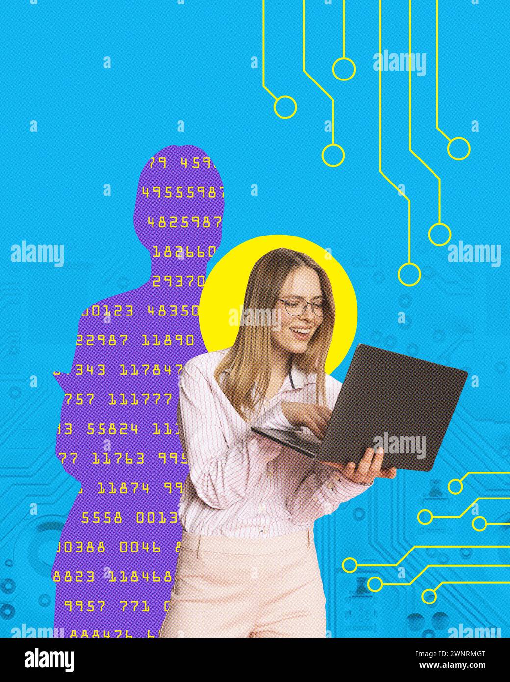 Modern aesthetic artwork. Woman using laptop while silhouette of person ...