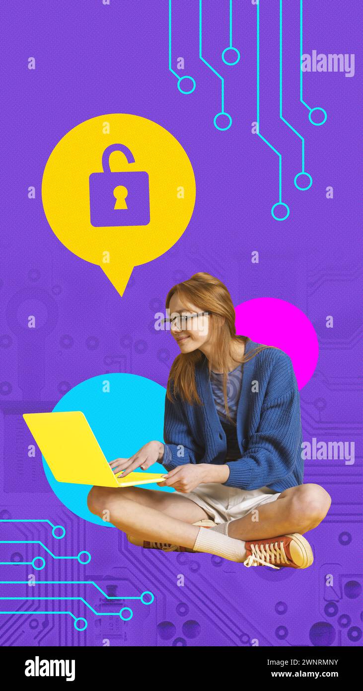Contemporary art collage. Network security at work and at home Young ...