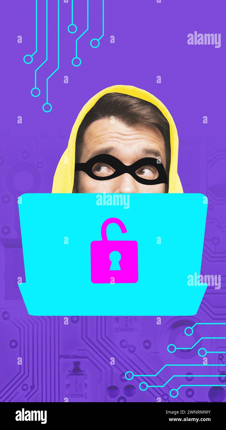 Modern aesthetic artwork. Man, hacker in black eyemask sitting behind ...
