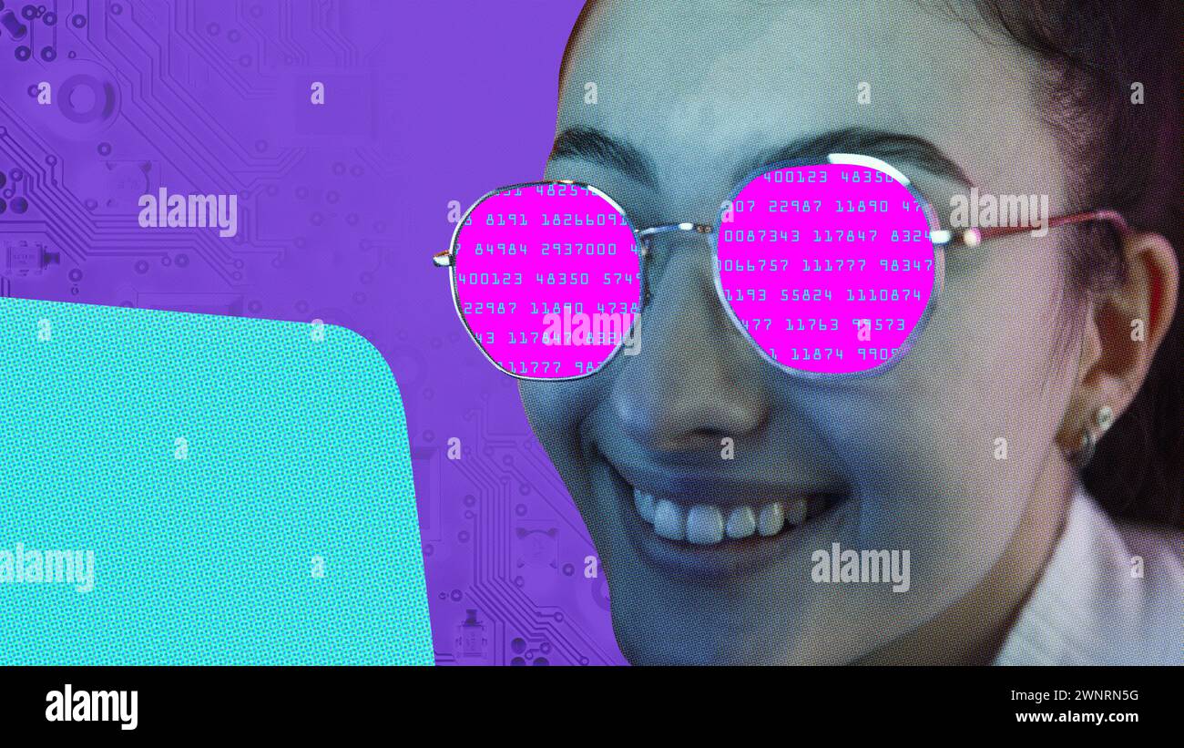 Modern aesthetic artwork. Young woman in glasses using laptop and ...