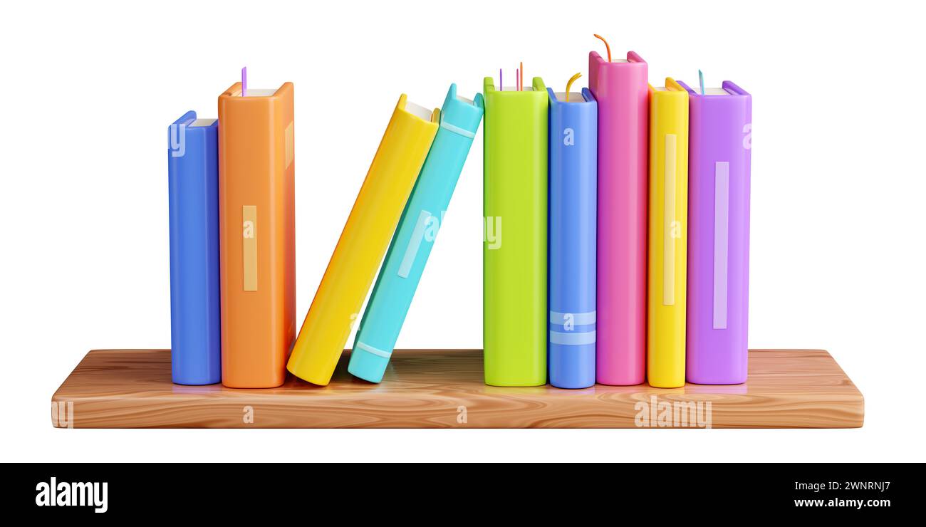 Book stack with hard cover standing with spine on wooden shelf. 3D ...
