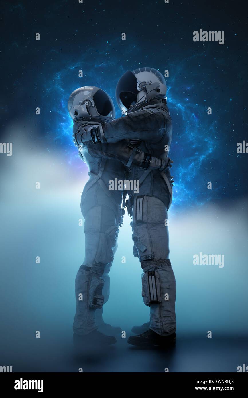 Two astronauts couple in a tender embrace, silhouetted against a nebula ...