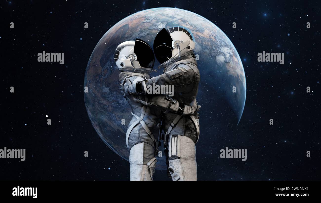 Astronaut couple embracing in space with a breathtaking view of Earth ...