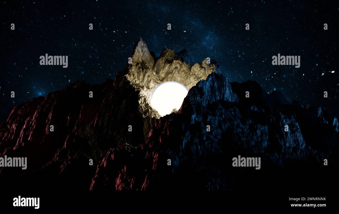 Radiant full moon rises between jagged mountain peaks under a star ...