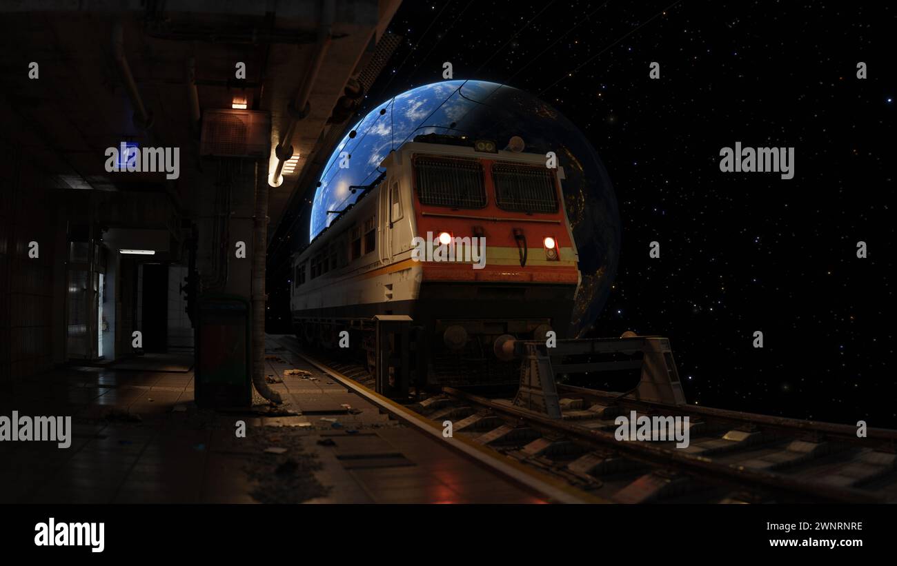 Surreal scene of a train emerging from a dark platform, with a gigantic ...