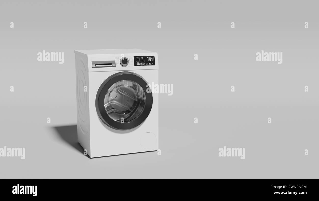 Modern white washing machine with a front load design, digital display ...