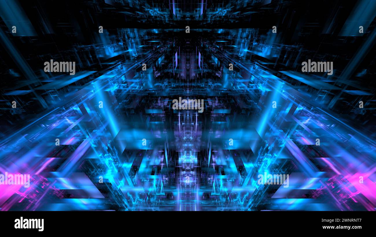 Complex digital structure with a central blue light beam flanked by ...