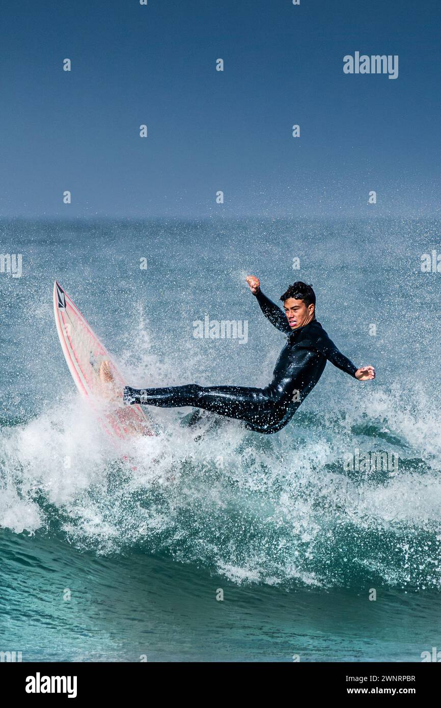 Spectacular surfing action at Fistral in Newquay in Cornwall in the UK ...