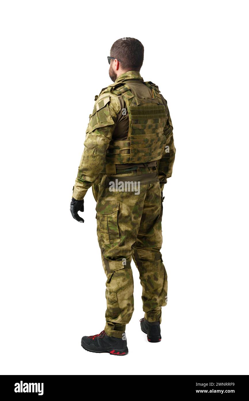 Back view of male soldier in military uniform isolated on white ...