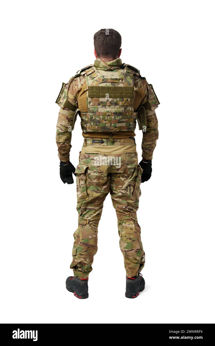Back view of male soldier in military uniform isolated on white ...