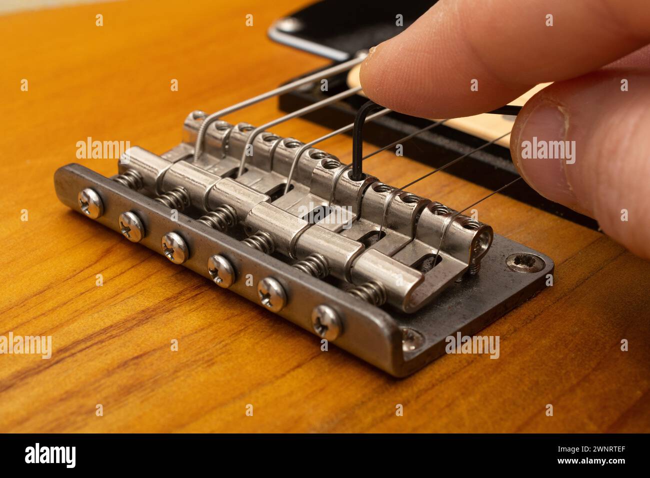 Luthier set the action on electric guitar using an allen key Stock ...
