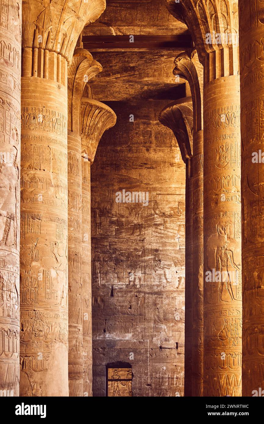 Interior of ancient temple in Egypt. Pillars with Egyptian hieroglyphs ...