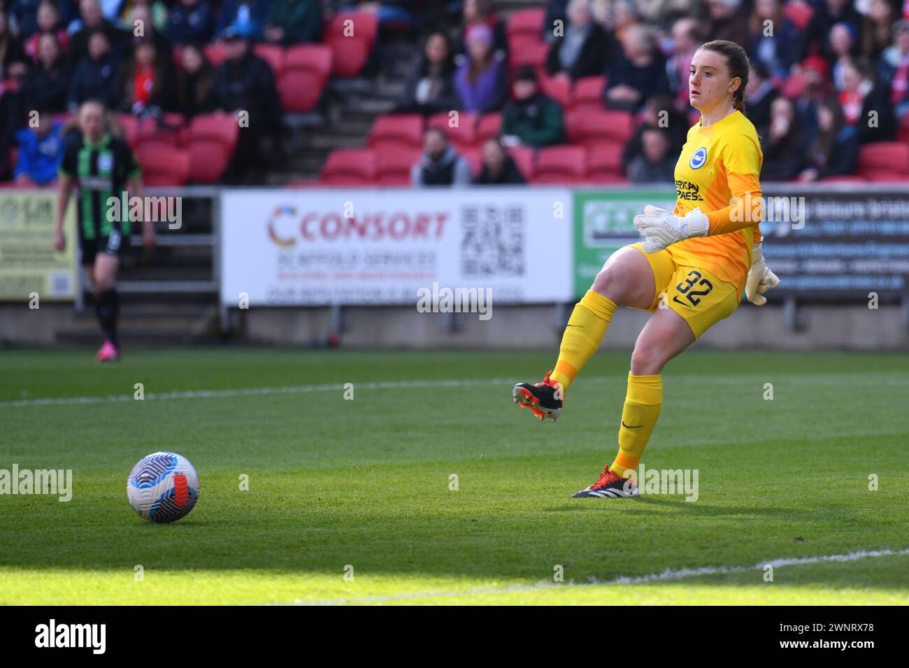 Bristol. UK. 3 March, 2024. Sophie Baggaley plays the ball out for ...