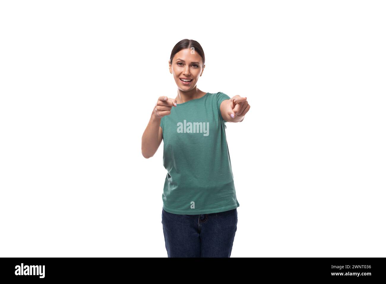 Woman points finger open palm hi-res stock photography and images - Alamy