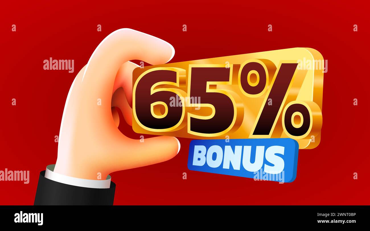 Cartoon hand hold 65 percents bonus. Cashback or prize concept. Vector ...