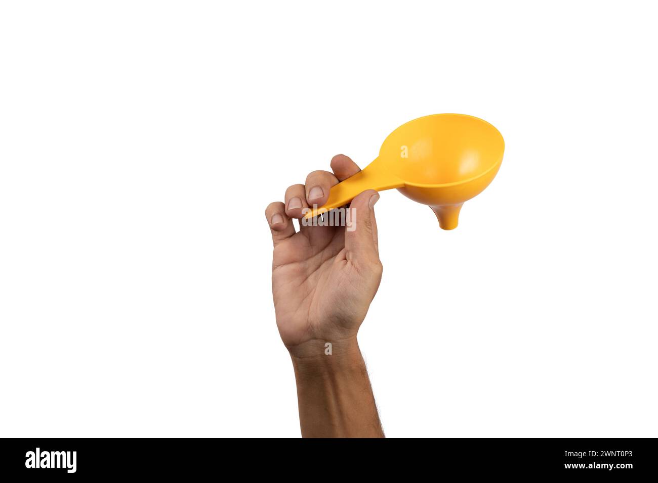 Black male hand holding a yellow kitchen funnel isolated, no background ...