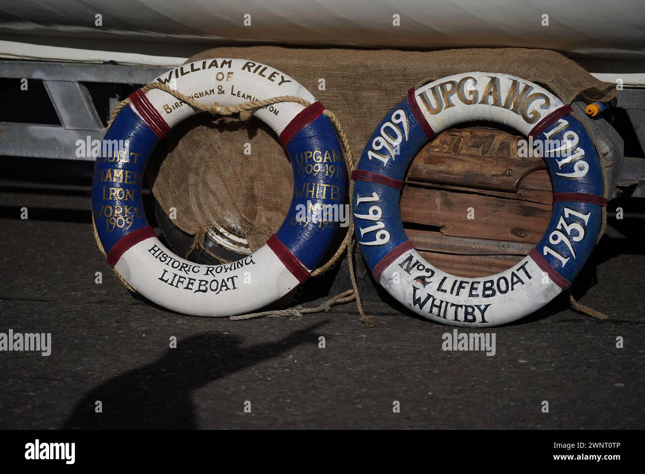 Historic Royal National Lifeboat Institution (RNLI) lifebuoys outside ...
