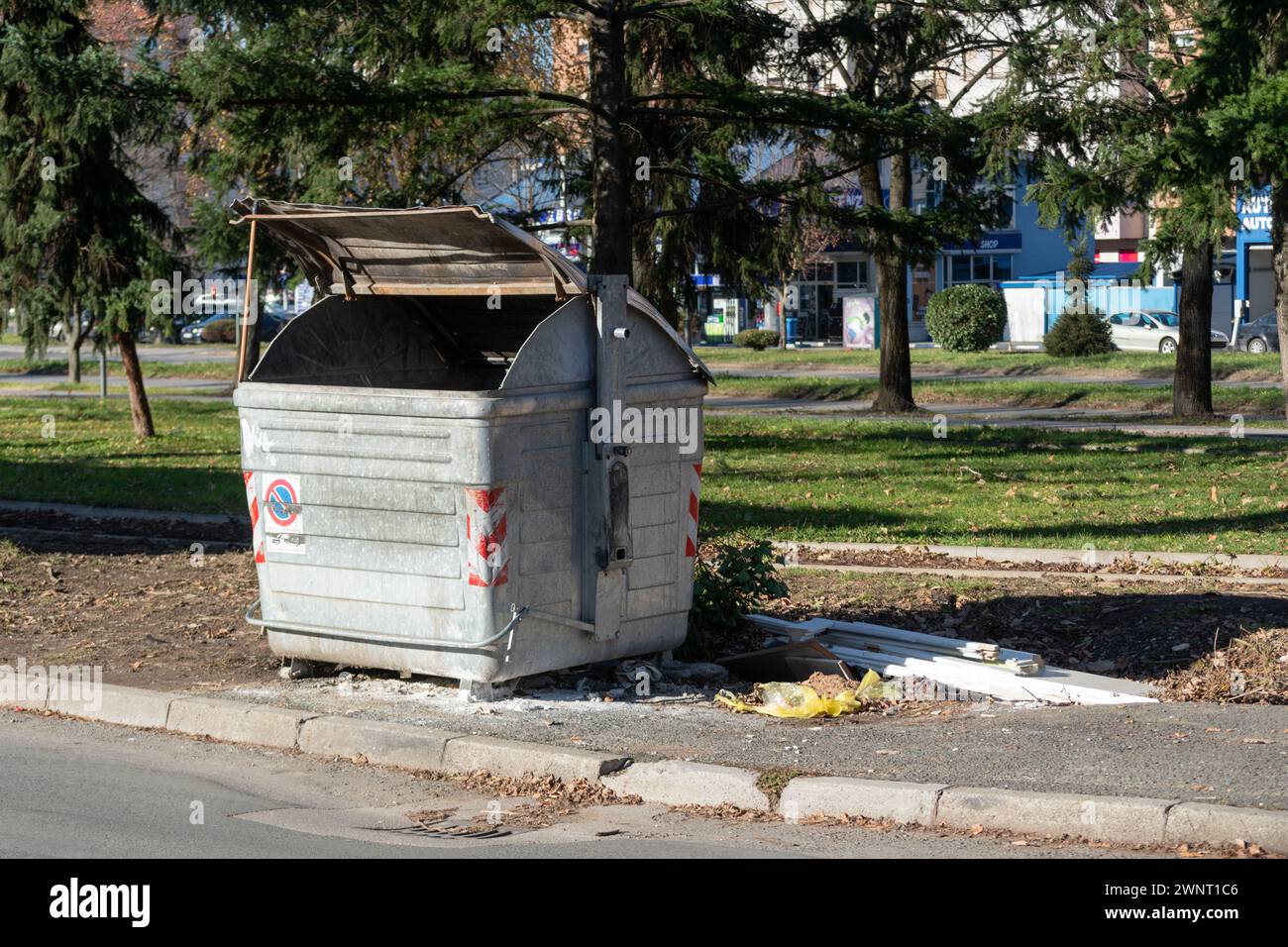 Garbage dumpster with some trash scattered around Stock Photo - Alamy
