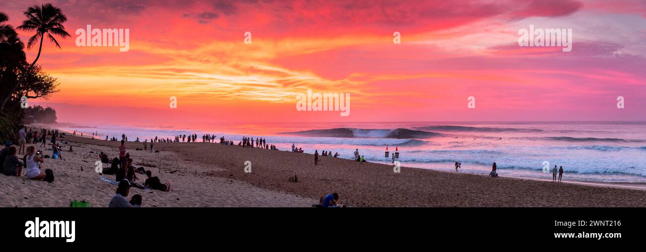 Panoramic view of incredibly colorful sunset, caused by Vog (Volcanic ...