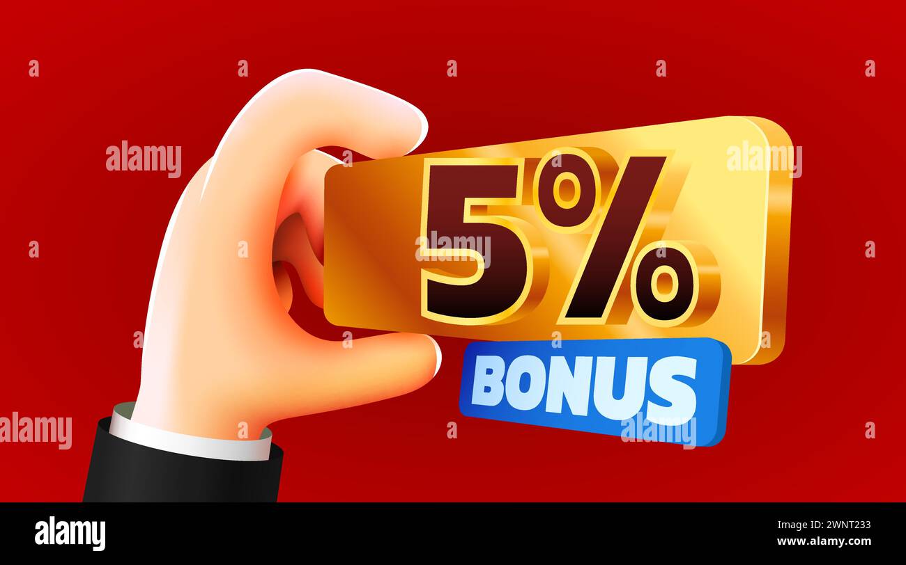 Cartoon hand hold 5 percents bonus. Cashback or prize concept. Vector ...