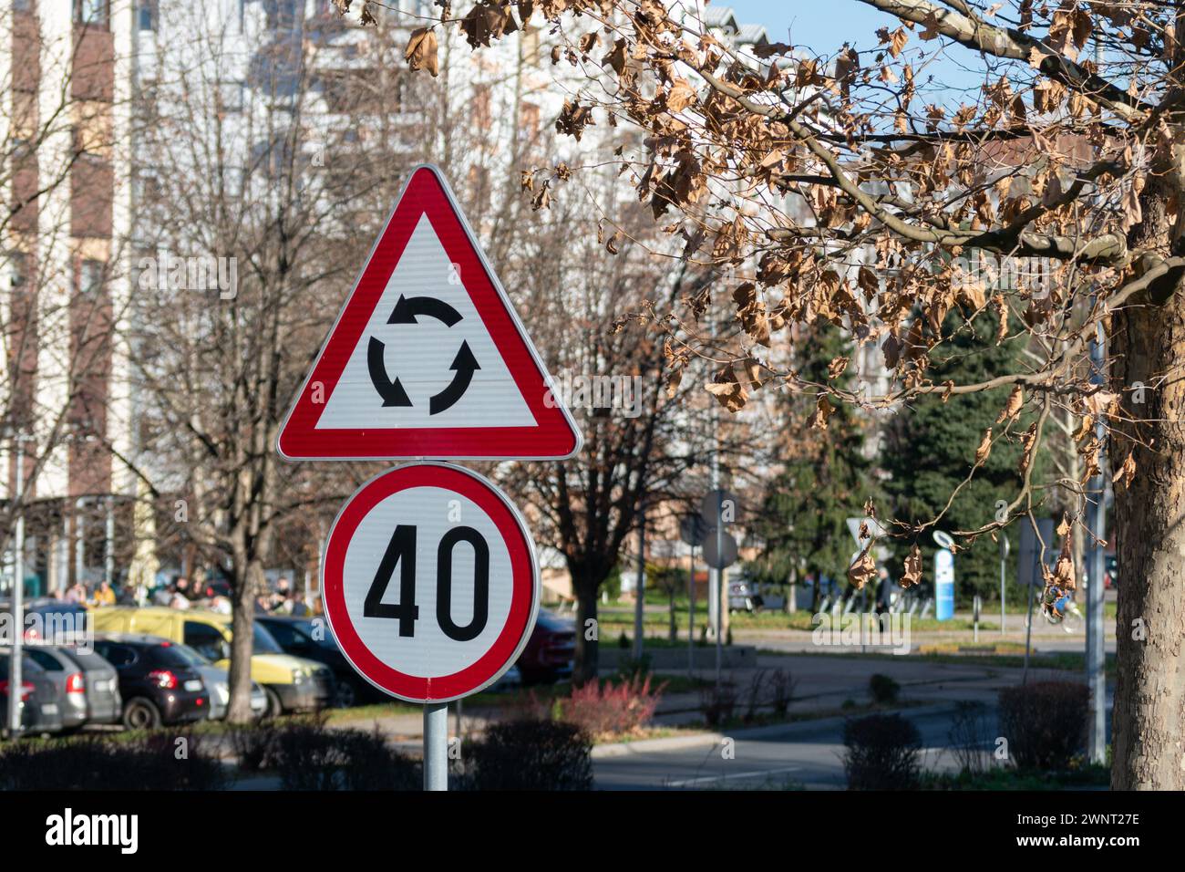Traffic signs near roundabout, roundabout danger sign and speed limit ...
