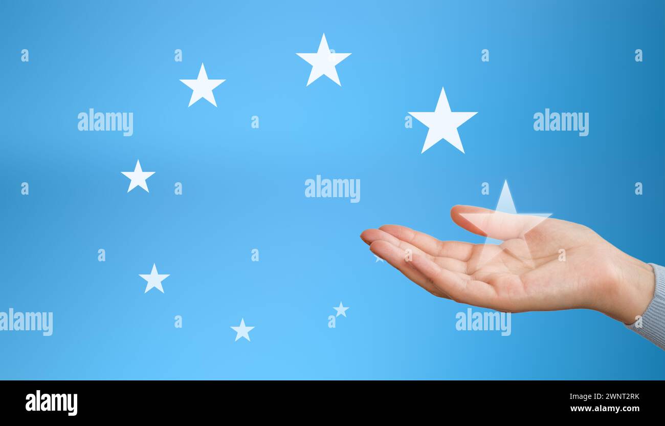 Star in open human palm. Services rating customer experience concept ...
