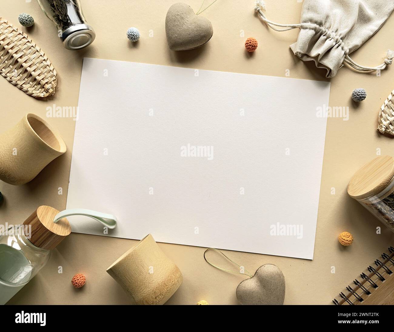 Zero waste tea background. Frame on pale yellow paper background with ...