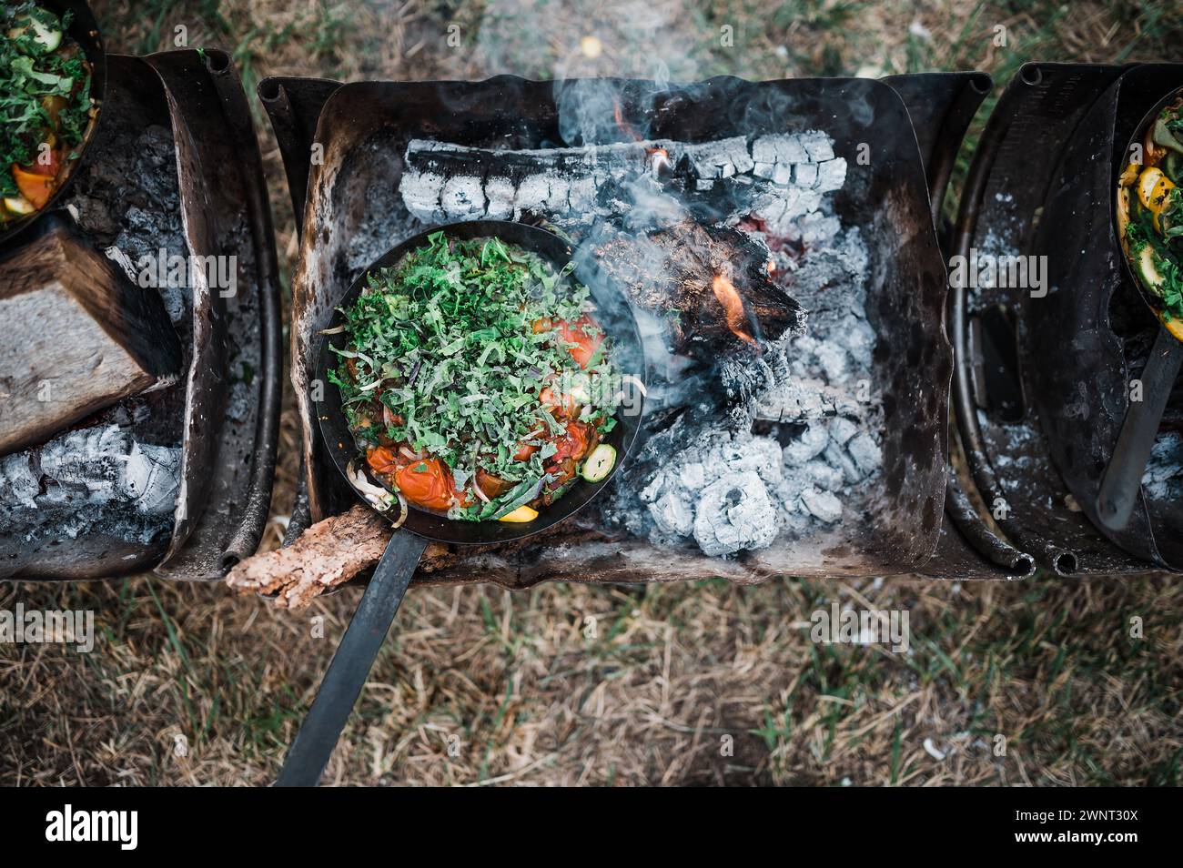 Salmon cooking on open fire Stock Photo - Alamy