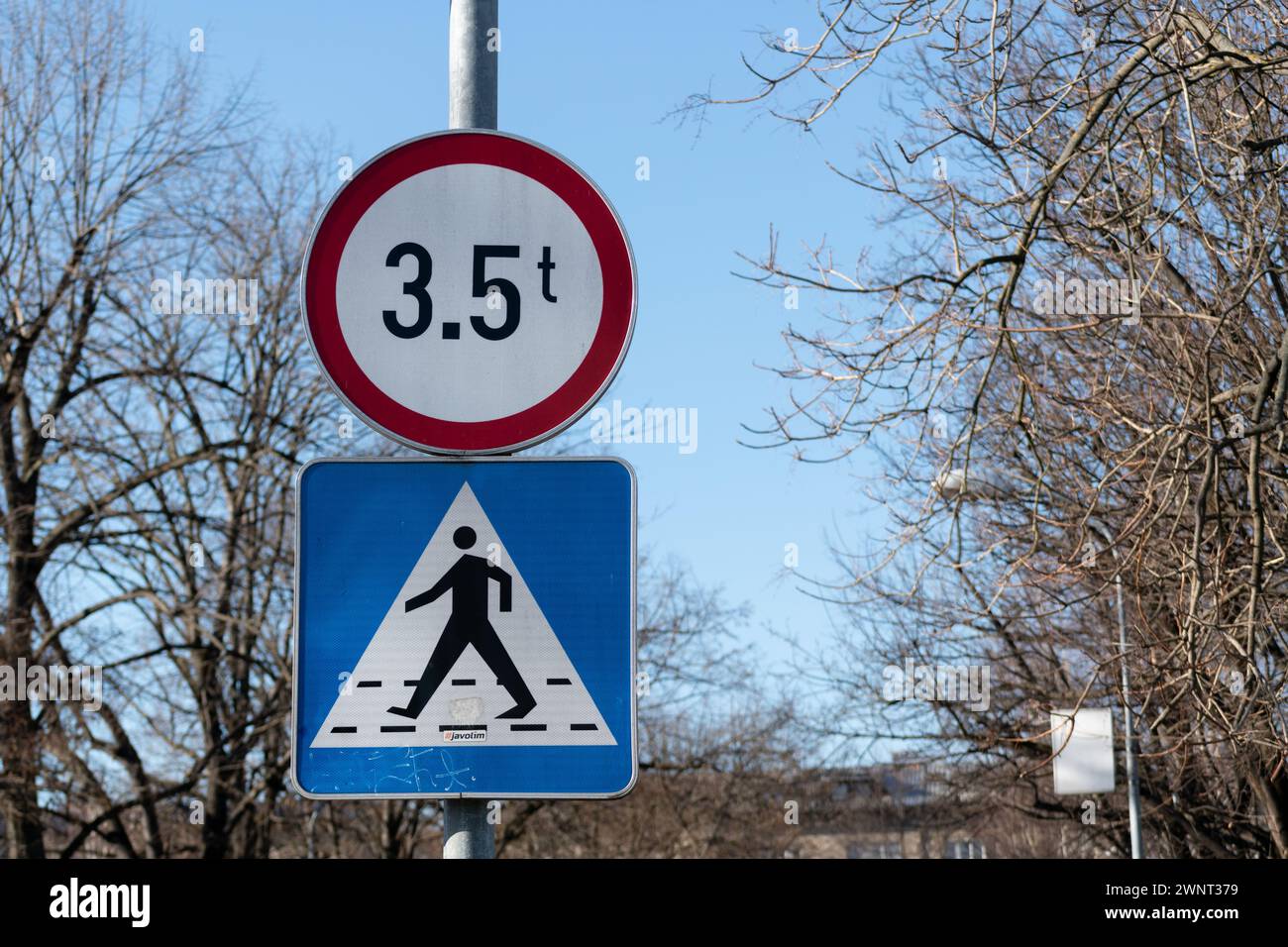 Traffic signs close up, maximum gross weight and pedestrian crossing ...