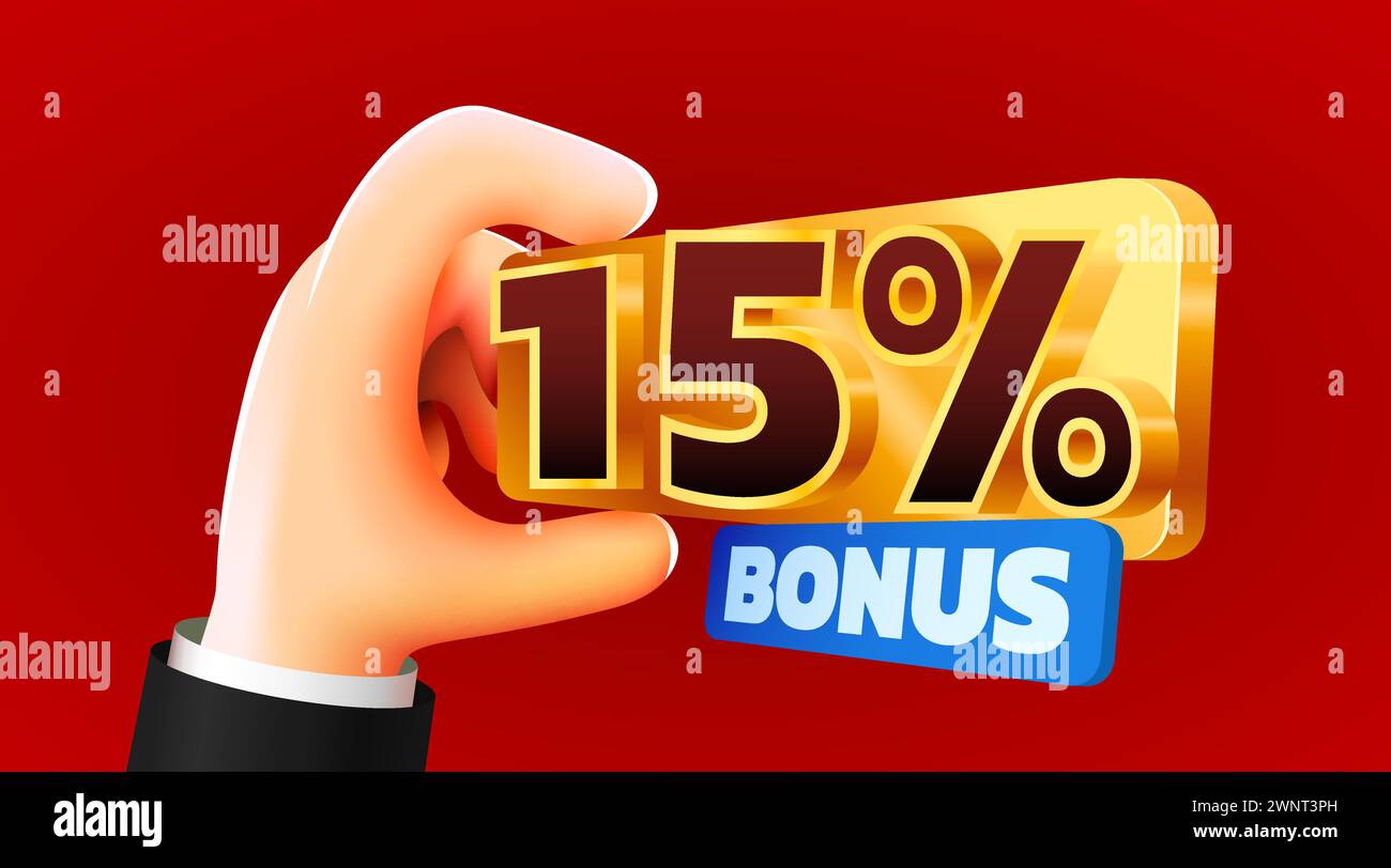 Cartoon hand hold 15 percents bonus. Cashback or prize concept. Vector ...