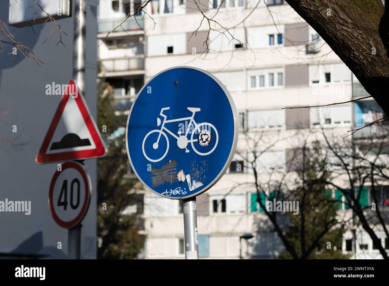 Damaged or vandalised traffic sign, route for pedal cycles only traffic ...