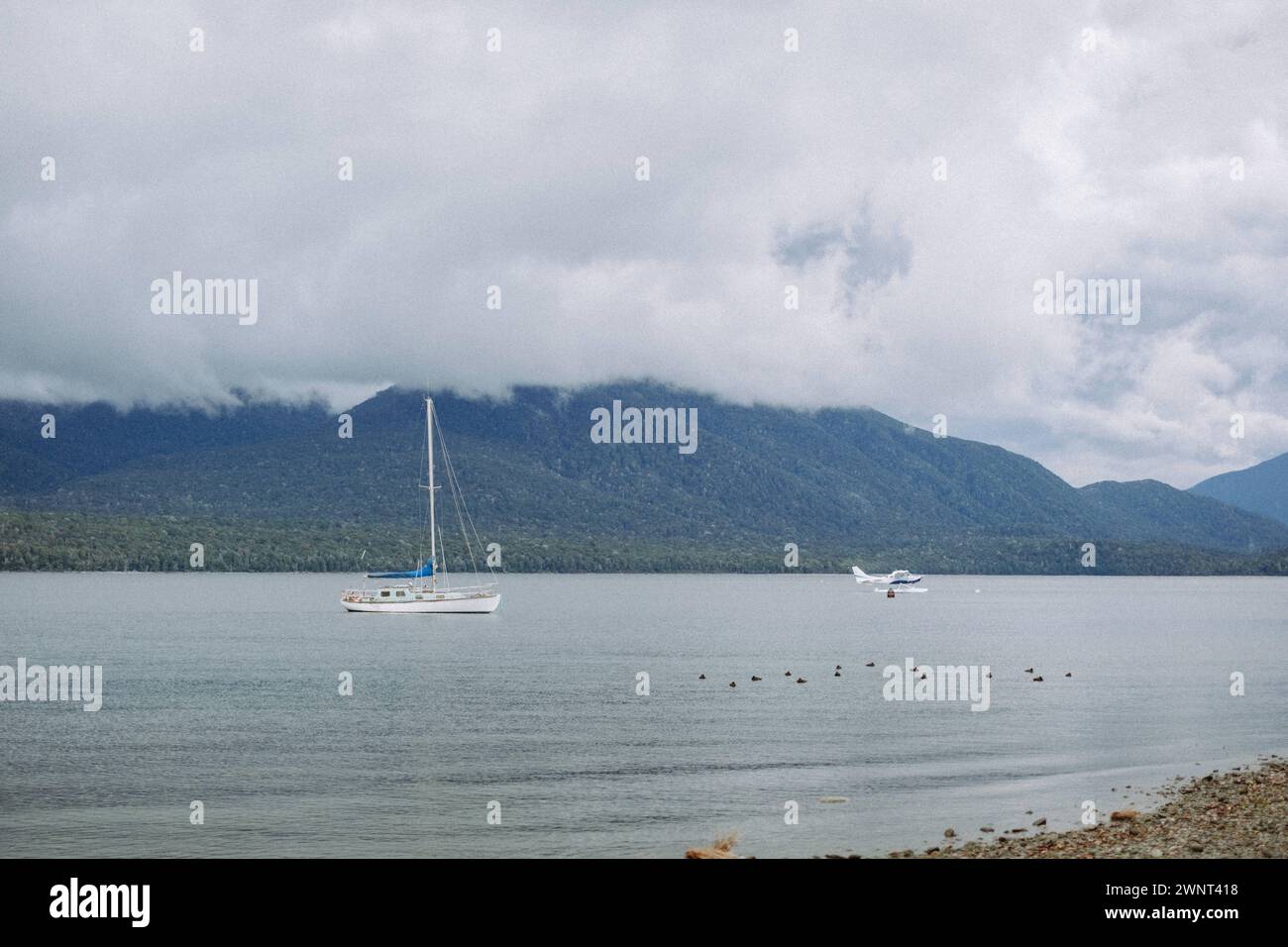 Plane boat and sailboat floating alongside ducks in calm lake Stock ...
