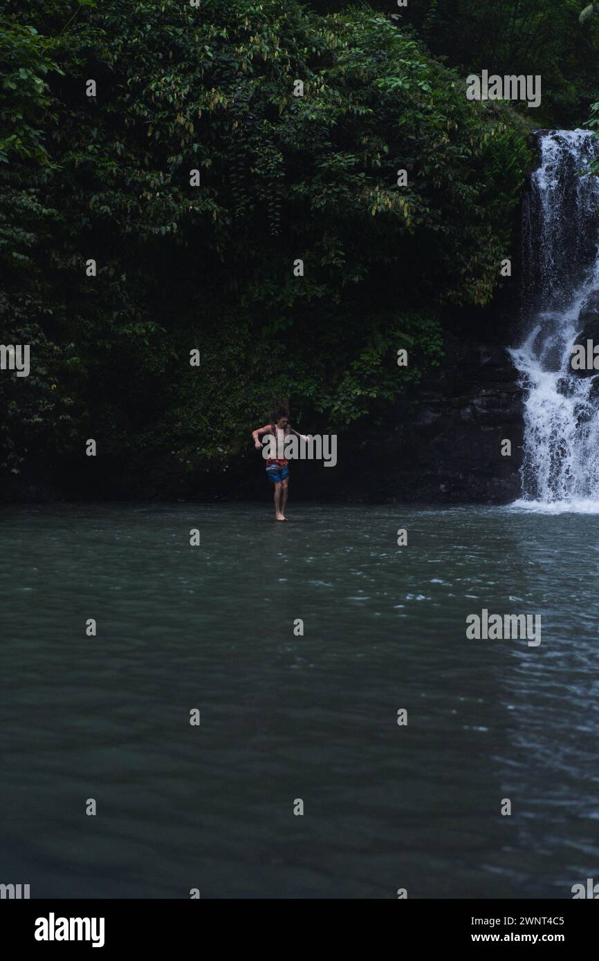 Man jumps from a cliff into the Alin-Alin waterfall. Bali Stock Photo ...
