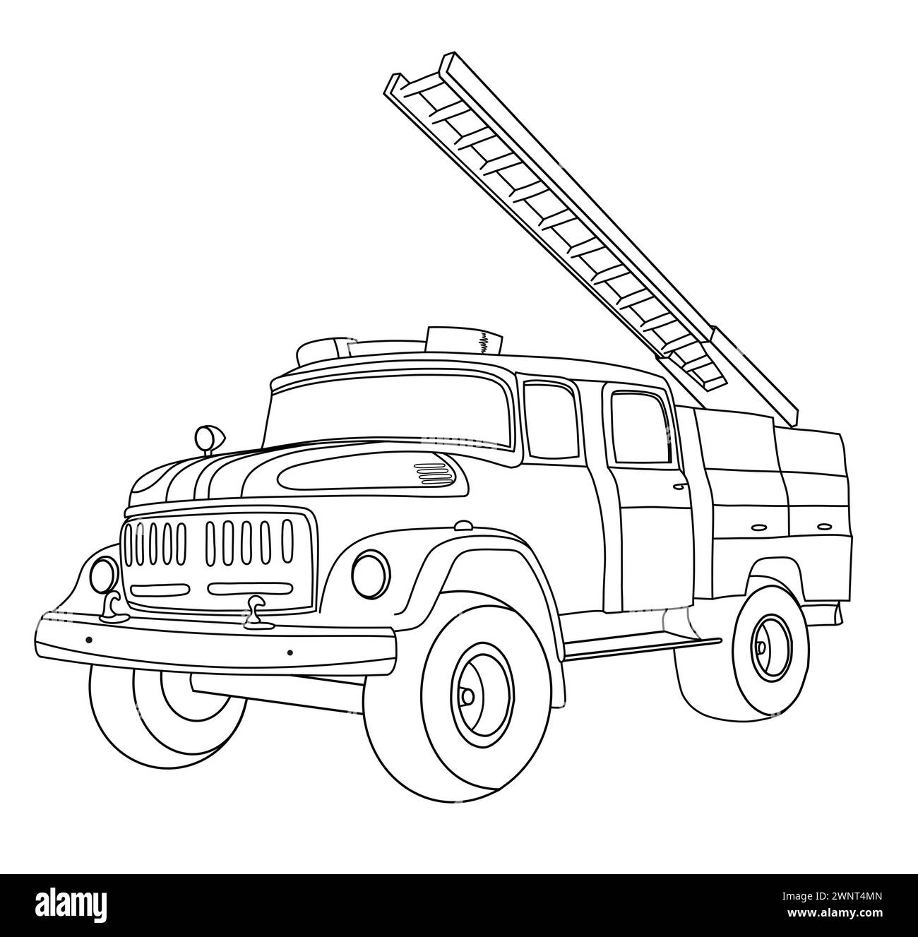 outline drawing of a fire truck with a raised ladder, children's ...