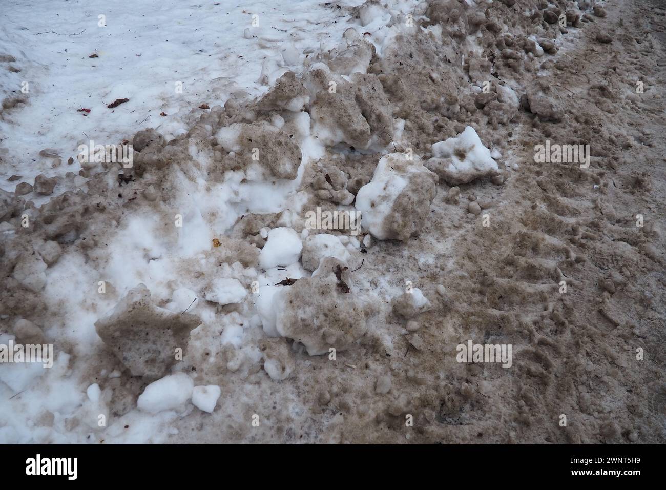 Snow, ice, slush and winter mud at a pedestrian crossing. The air ...