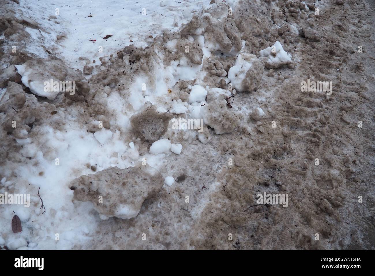 Snow, ice, slush and winter mud at a pedestrian crossing. The air ...