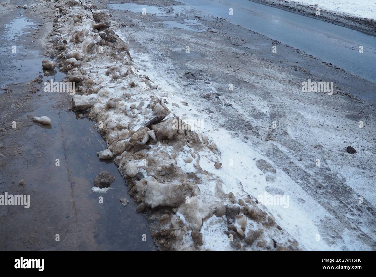 Snow, ice, slush and winter mud at a pedestrian crossing. The air ...