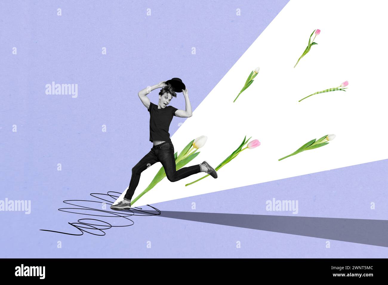 Collage picture artwork of positive glad nice cool man running street ...