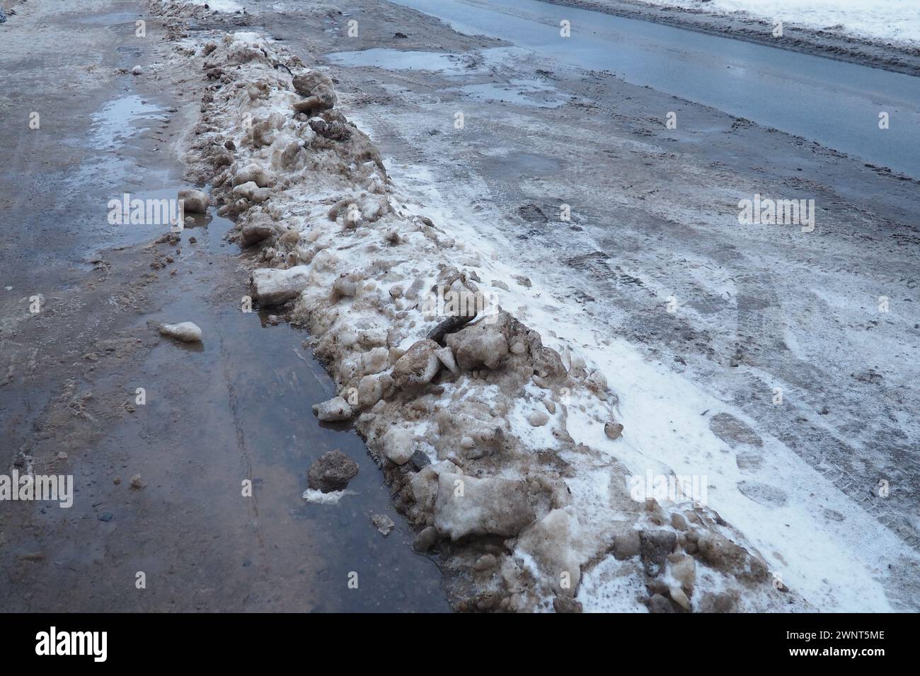Snow, ice, slush and winter mud at a pedestrian crossing. The air ...
