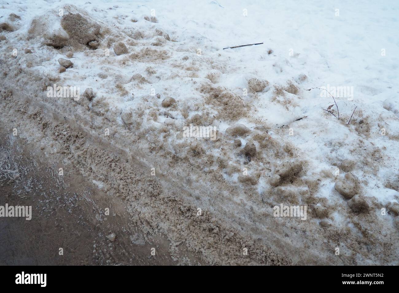 Snow, ice, slush and winter mud at a pedestrian crossing. The air ...