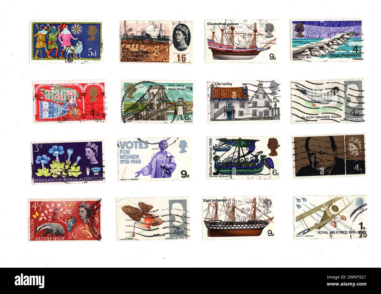 A montage of pre decimal vintage postage stamps from Great Britain ...