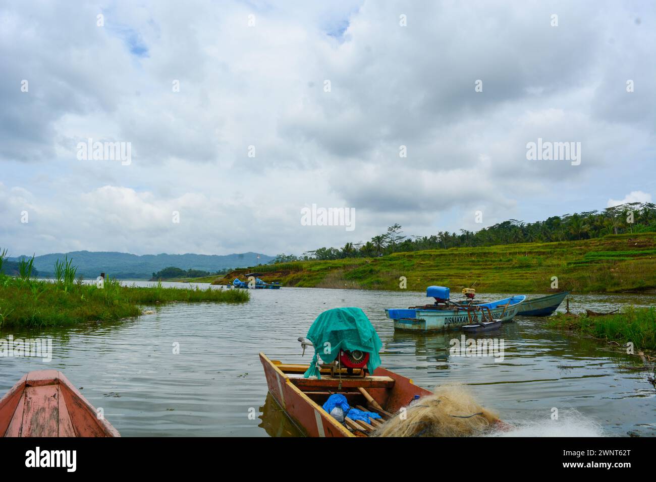 Overhead view of fishing gear, wooden boat, fishing nets, fishing ...