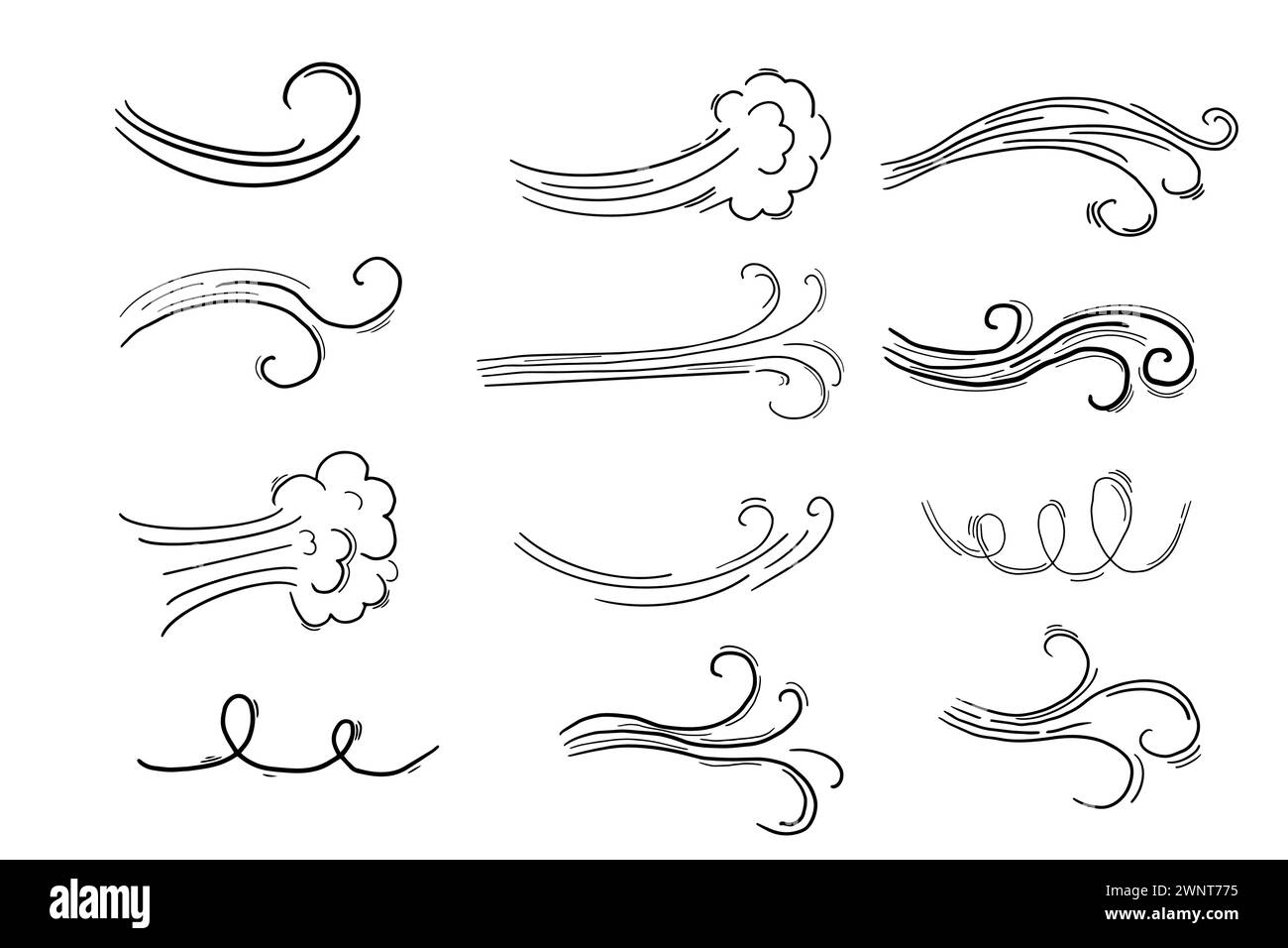 Wind motion doodle line swirl hand drawn steam weather blow isolated on white background ...