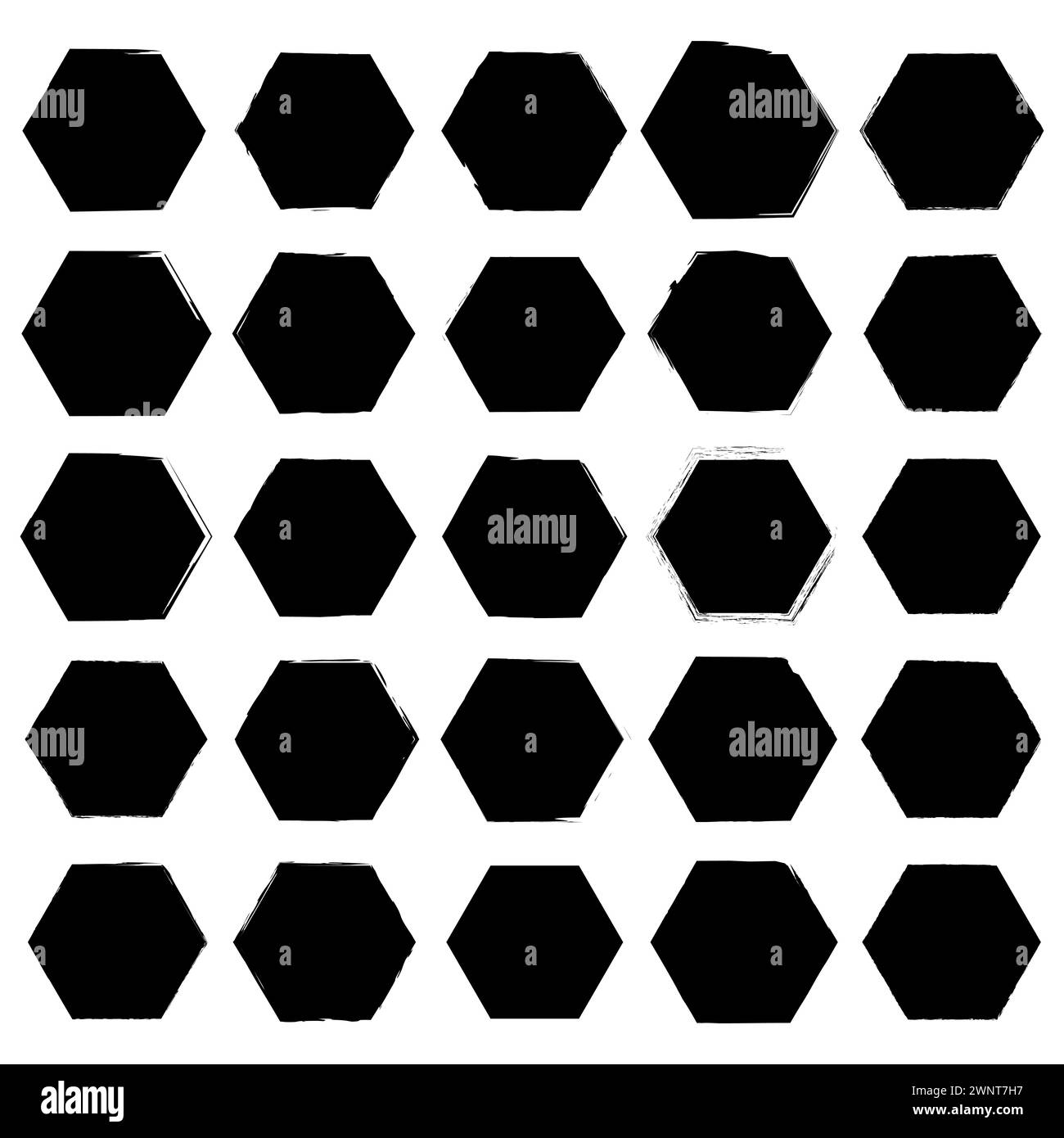 Hexagon grid pattern. Varied brush strokes. Black geometric shapes ...