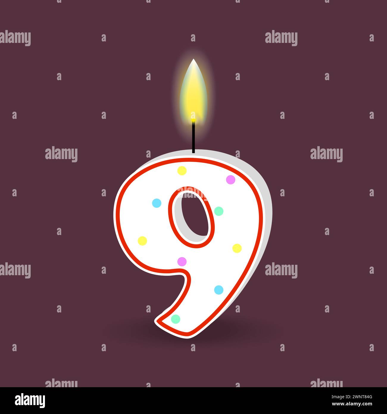 Birthday number nine, candle with fire. 3D number 9. Vector ...