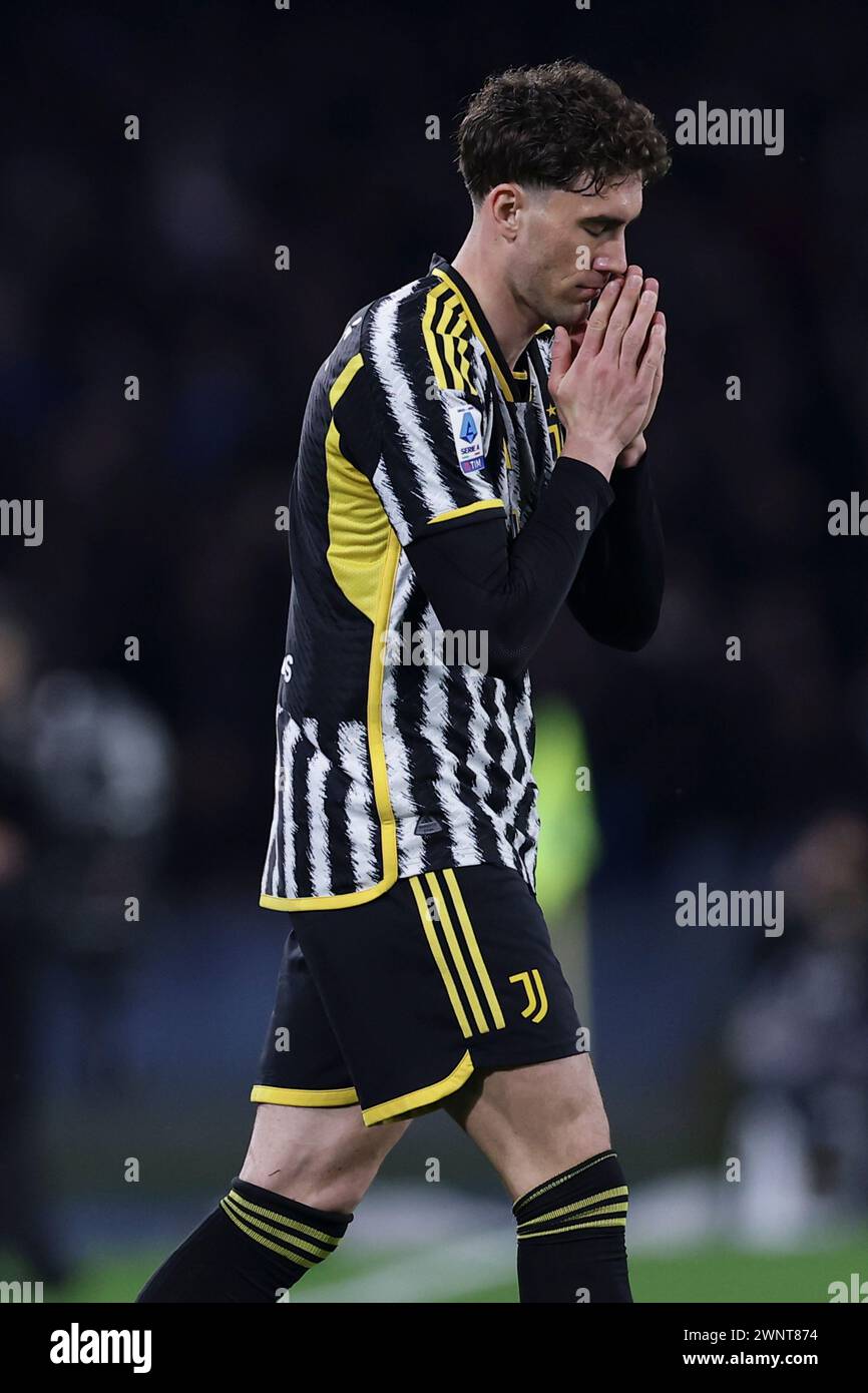 Juventus' Serbian forward Dusan Vlahovic looks dejected during the ...