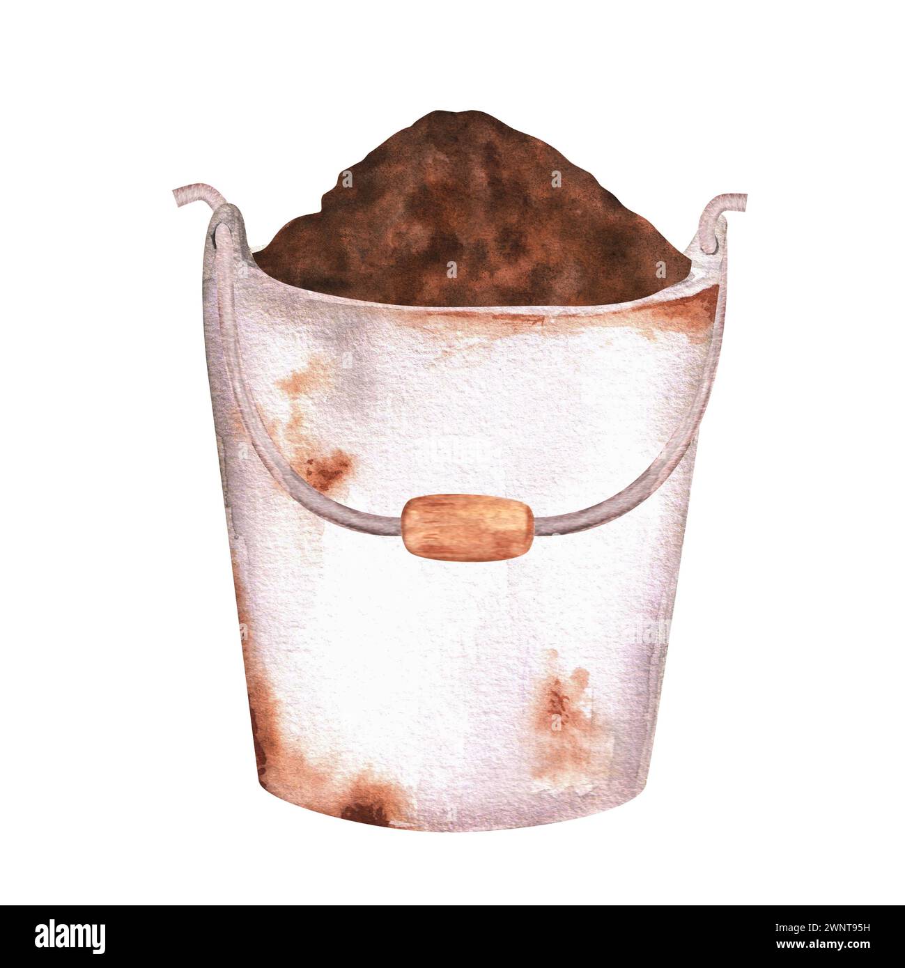 Hand-drawn watercolor illustration. Metallic garden bucket with a touch ...