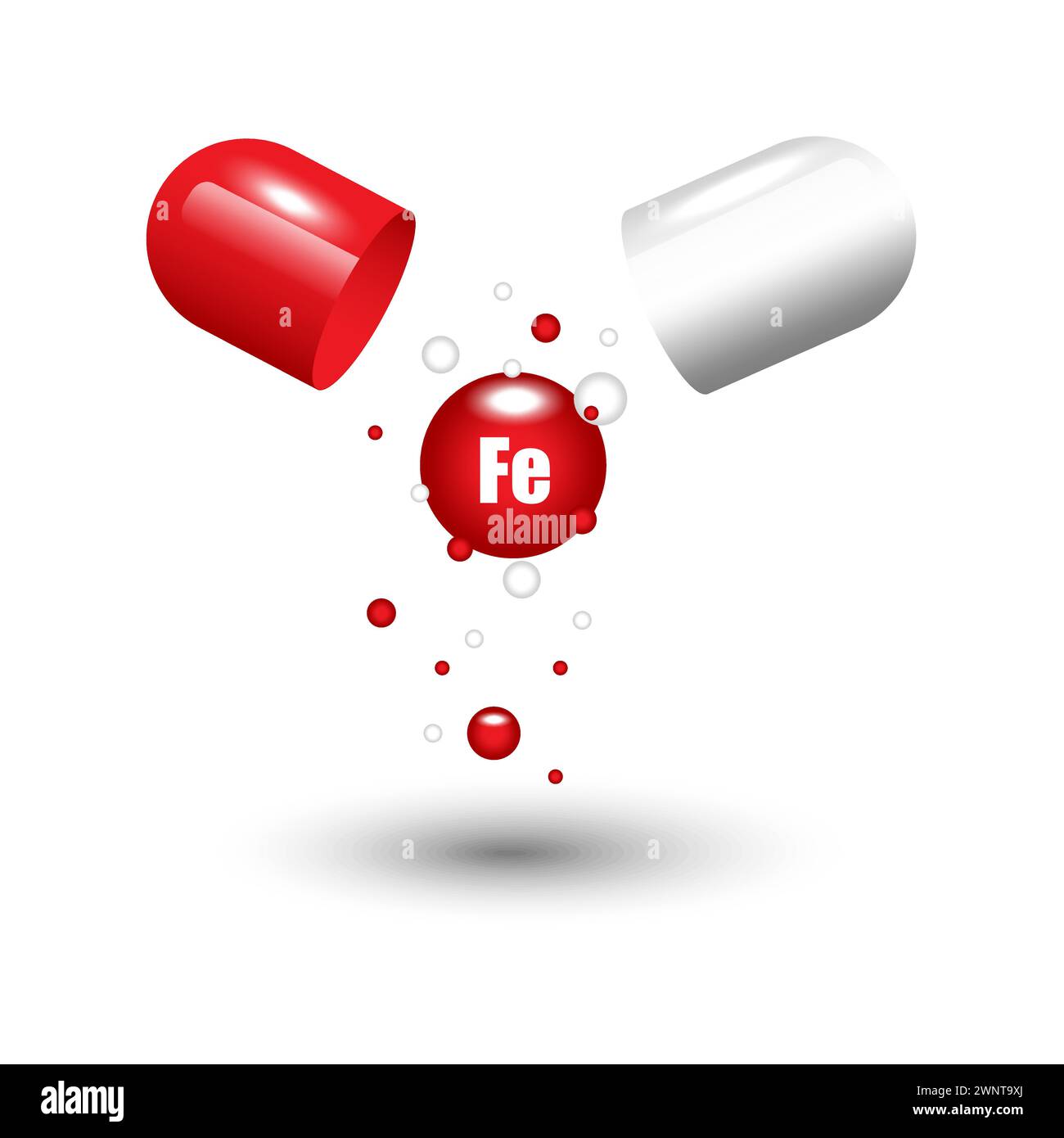 Open capsule pill with falling out molecules. F, ferrum vitamine ...