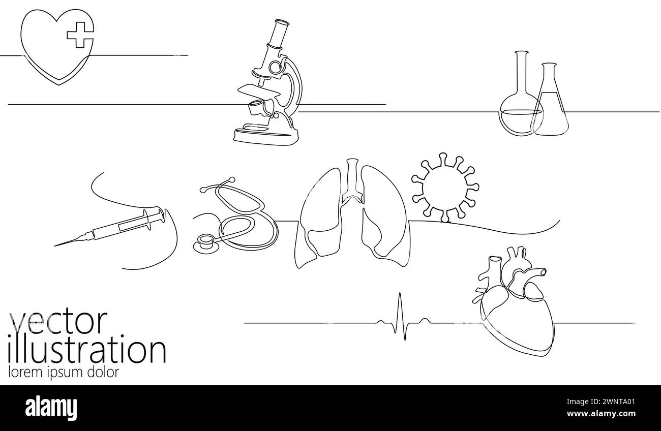 Single continuous line set science medicine microscope. Human heart ...